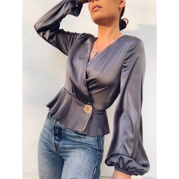 Tops | Last 1dark Silver Puff Sleeve Wrap Top | Poshmark
